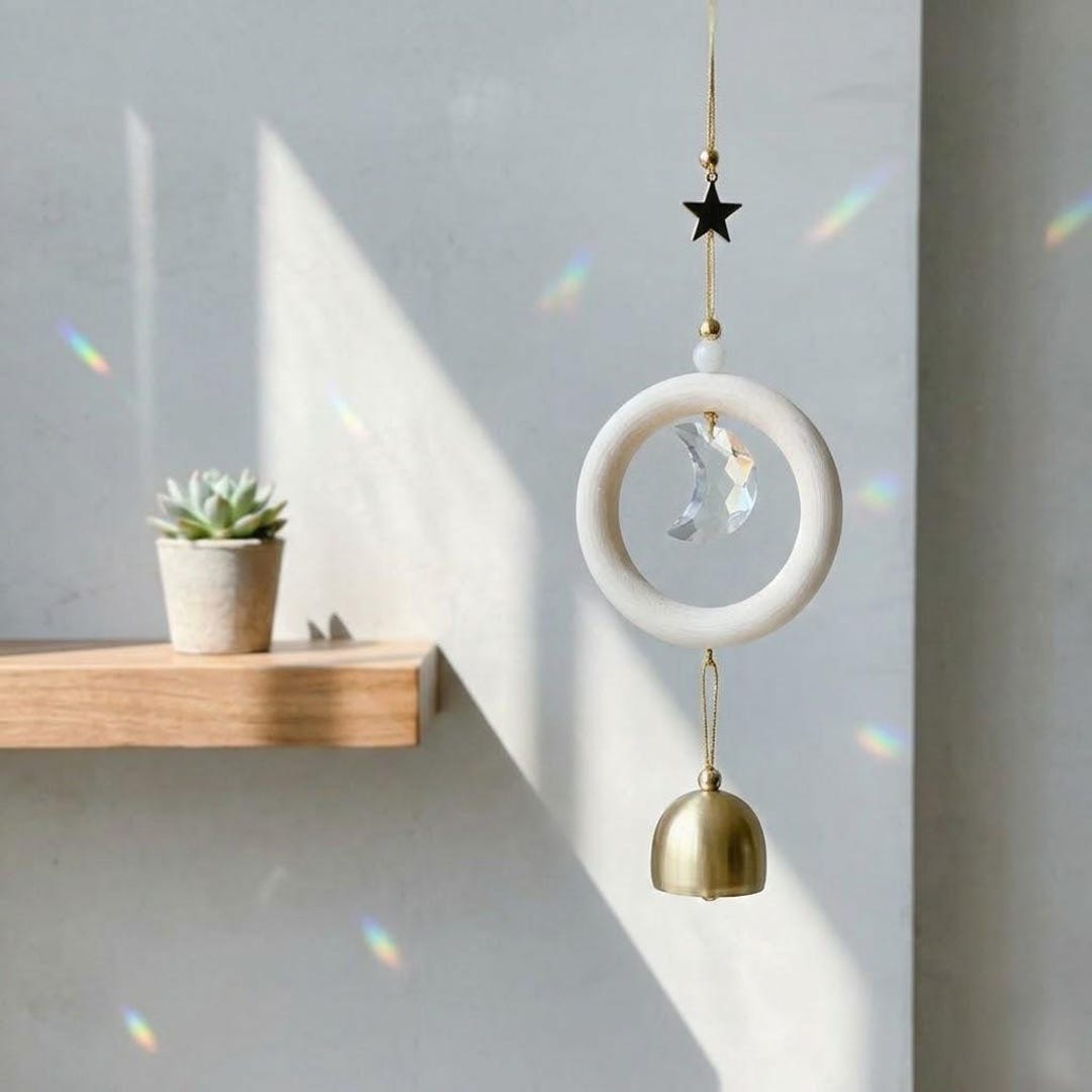 Handmade Wooden Moon Phase Wall Hanging, Brass Bell, Celestial Decor - Etsy