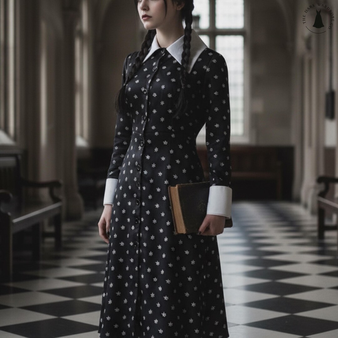 Wednesday Addams Floral Dress With White Collar Long Sleeves Gothic ...