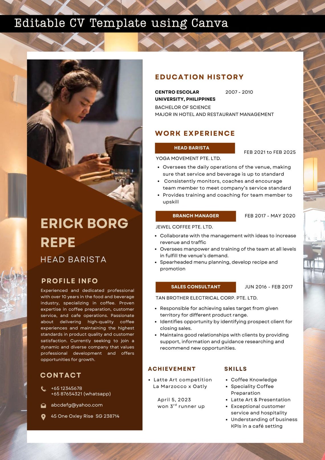 Editable Resume for Barista - Etsy