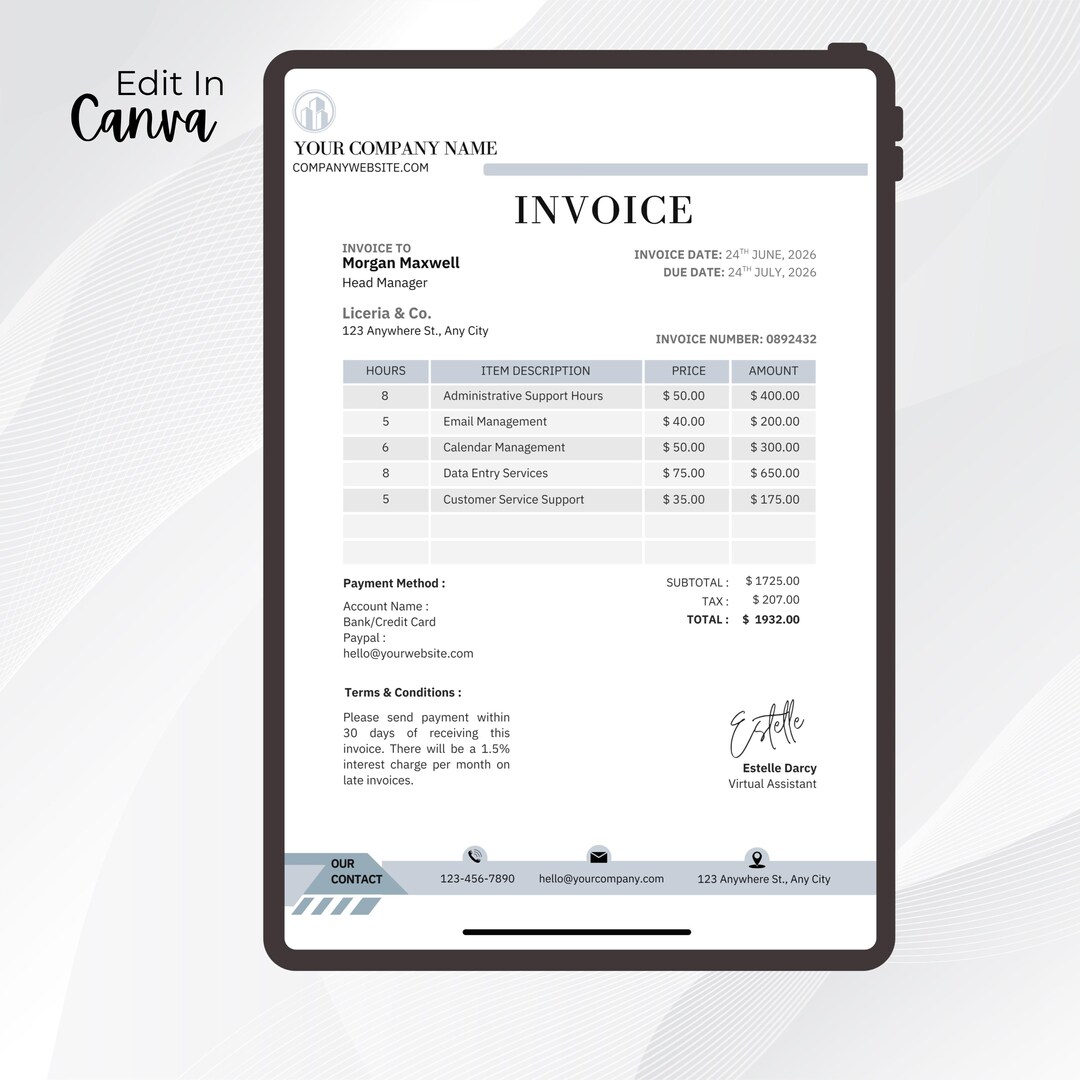 VA Invoice Template for Canva | Modern Virtual Assistant Invoice ...