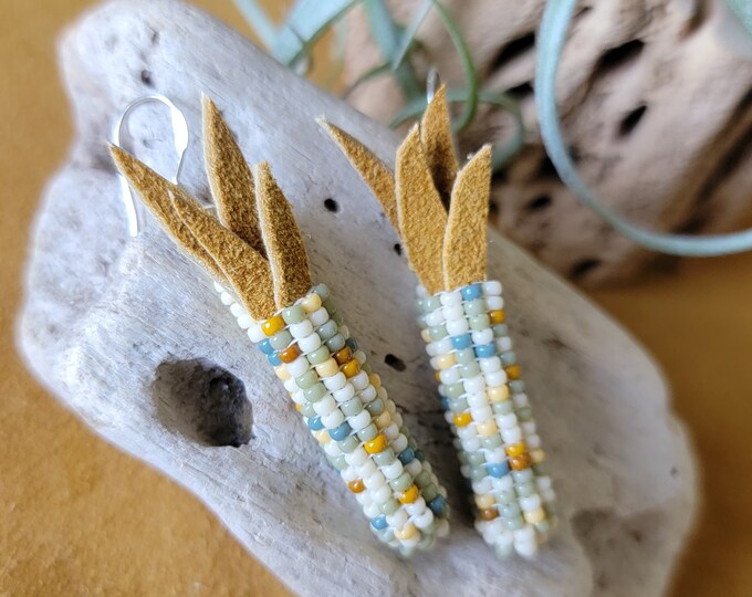 Cream & Cactus Green Flint Corn Earrings - Contemporary Seed Bead ...