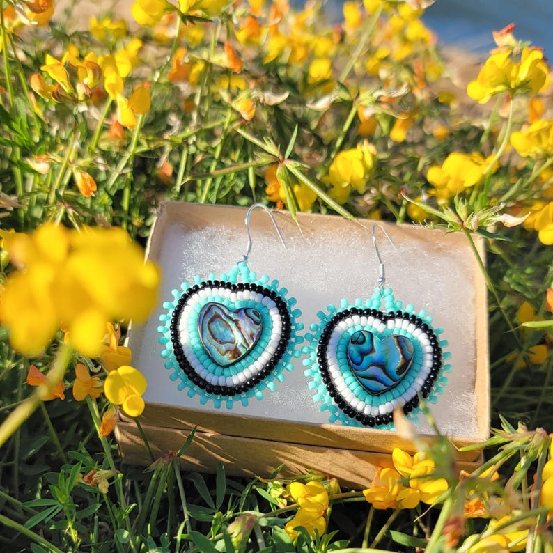 Seafoam Green & Abalone Shell Heart Shaped Beaded Earrings Contemporary ...