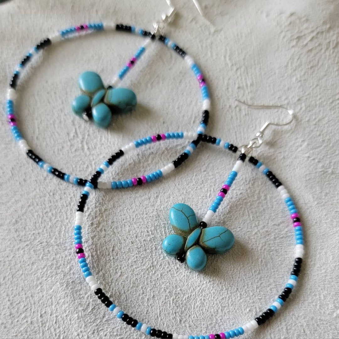 Black Turquoise & Hot Pink Butterfly Beaded Hoop Earrings - Etsy