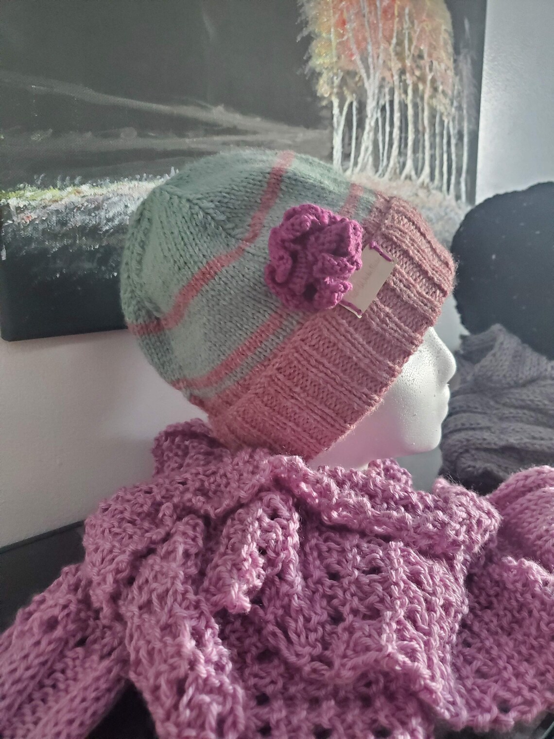Woman's hand knitted hat. My own design Rose heather | Etsy