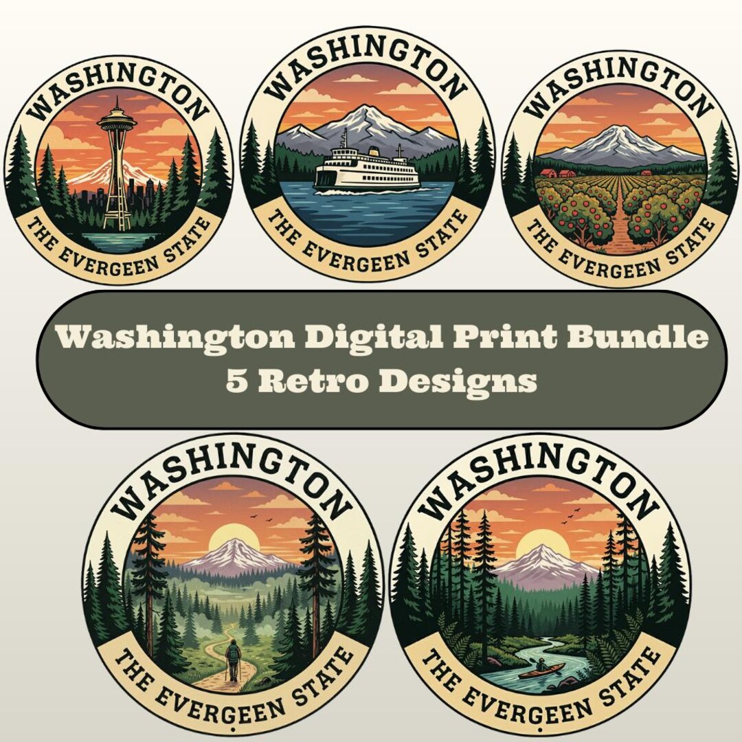 Washington Wall Art Printable Emblem Print Bundle 5 Pack Evergreen ...
