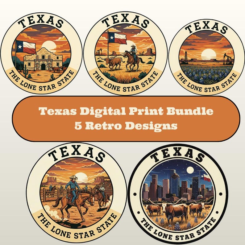 Texas Wall Art Printable Emblem Print Bundle 5 Pack Lone Star State ...