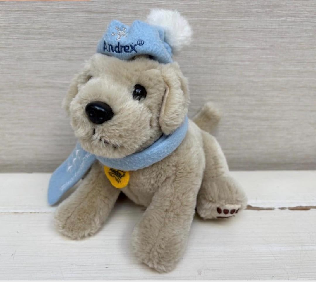 ANDREX Puppy Dog Golden Labrador Sitting Soft Toy Plush 7" Blue Winter ...