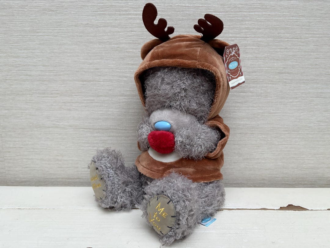 Tatty Grey Blue Nose Teddy Bear Soft Toy Plush Christmas Reindeer ...