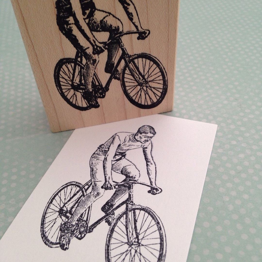 Cyclist on His Bike Wood Mounted Rubber Stamp 2135 - Etsy