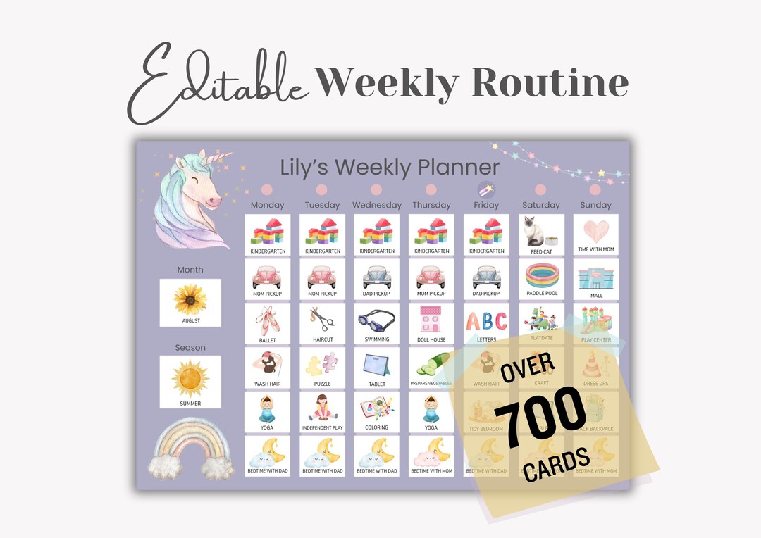 Unicorn Theme Weekly Planner for Kids: Visual Schedule, Routine Cards ...