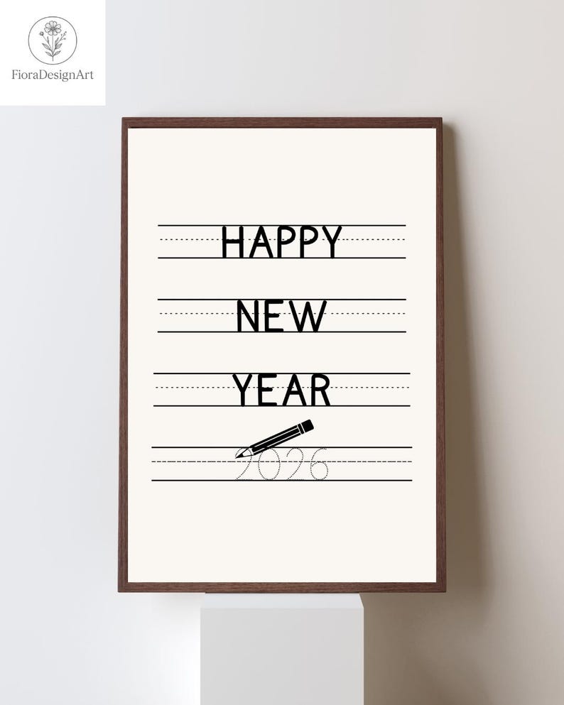 Happy New Year 2026 Handwriting Practice Wall Art Lined Paper Printable ...