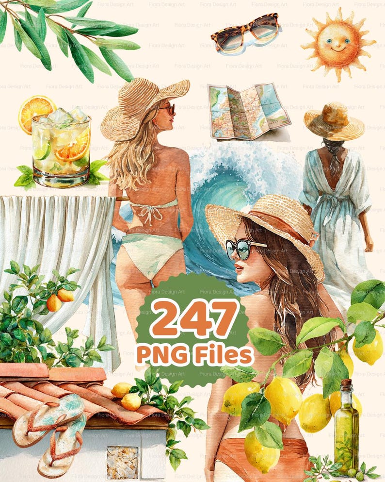 Italian Summer Clipart Bundle PNG, Mediterranean Lemon Amalfi Coast ...