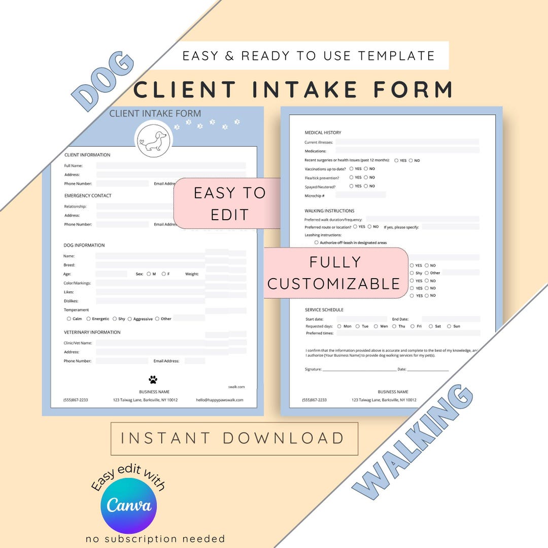 Dog Walking Client Intake Form, Pet Walker Intake Sheet, Pet Service ...