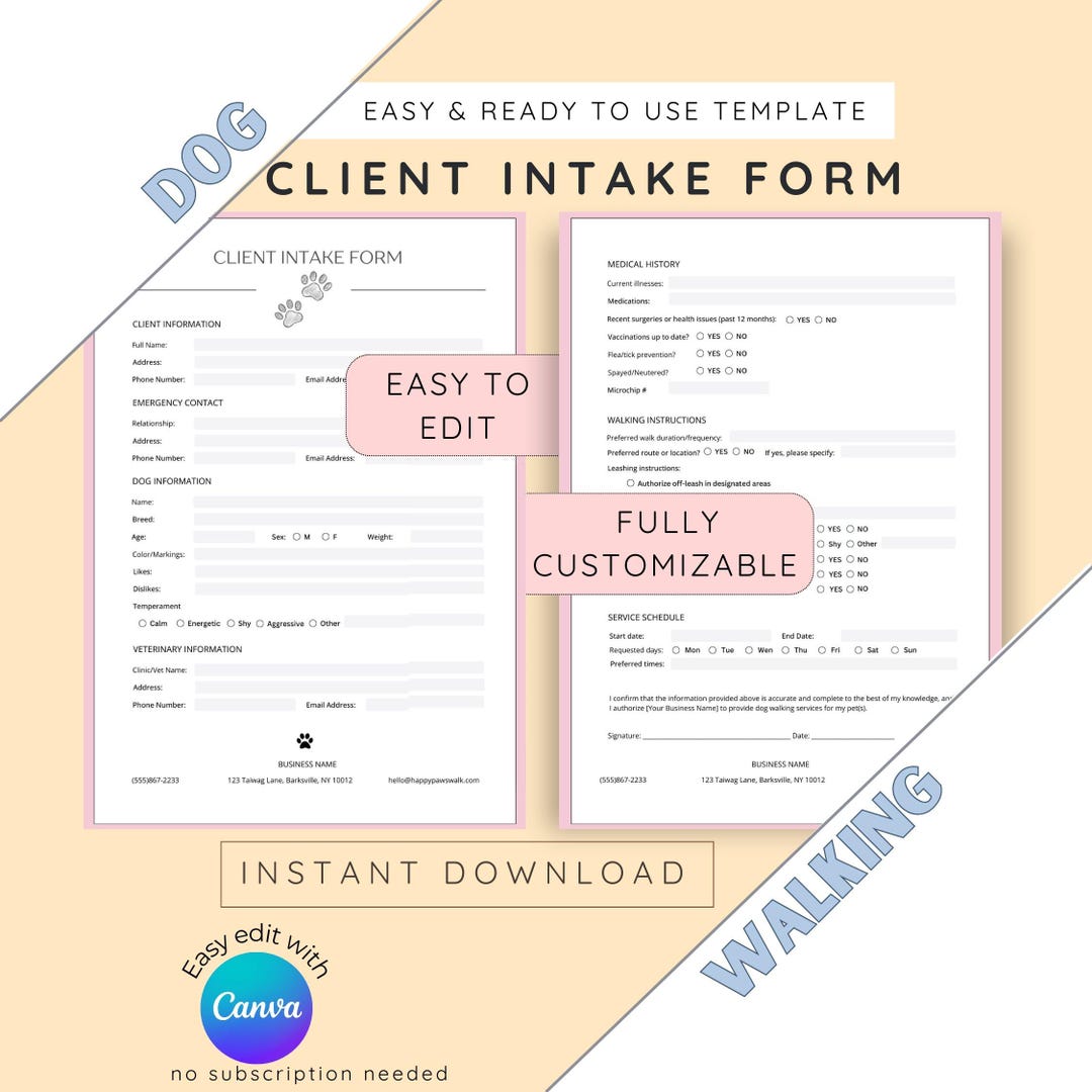 Dog Walking Client Intake Form, Pet Walker Intake Sheet, Pet Service ...