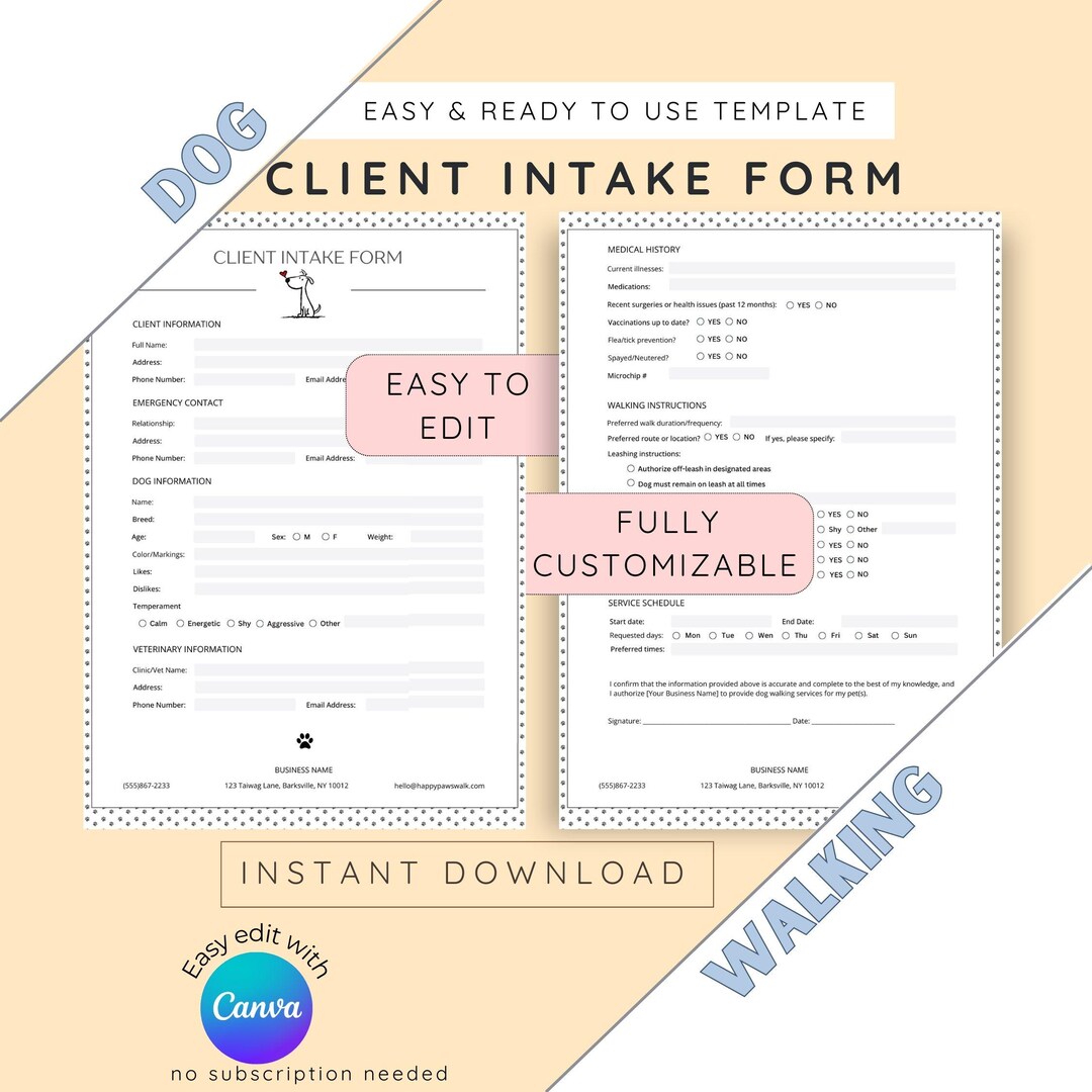 Dog Walking Client Intake Form, Pet Walker Intake Sheet, Pet Service ...