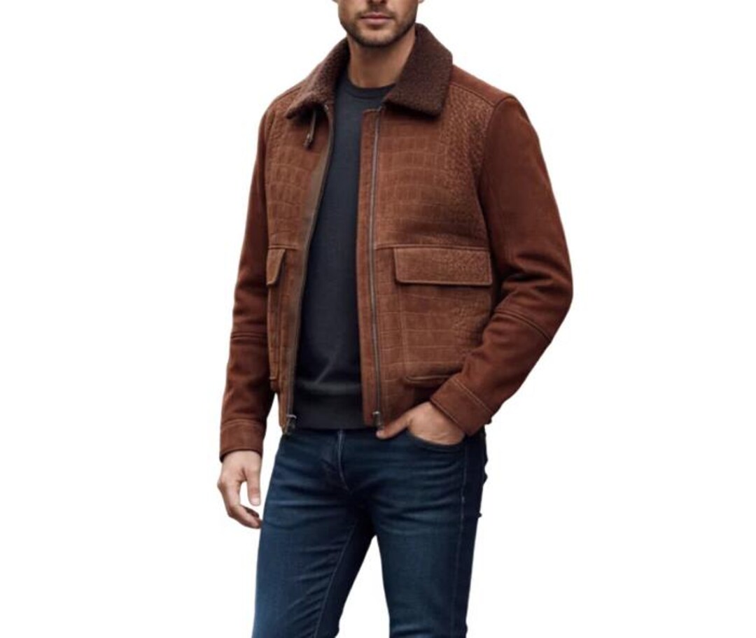 Men’s Rust Croc-embossed Shearling Bomber Jacket | Luxury Leather ...