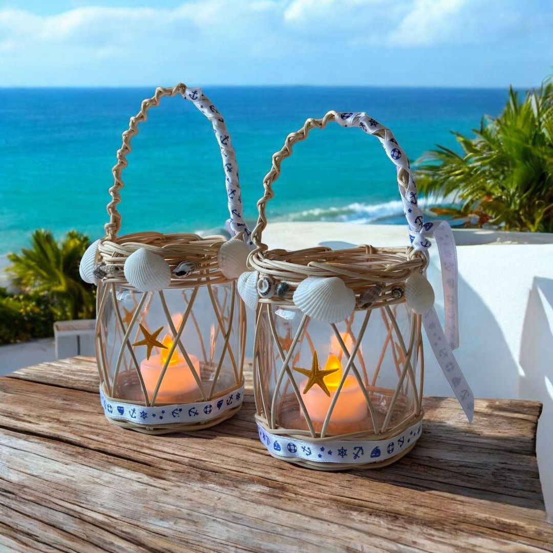 Coastal Christmas Bamboo Lantern Set, Seashell Decor, LED Light - Etsy