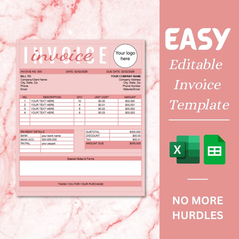Pink Invoice | Editable Google Sheets Template | Minimal Business ...