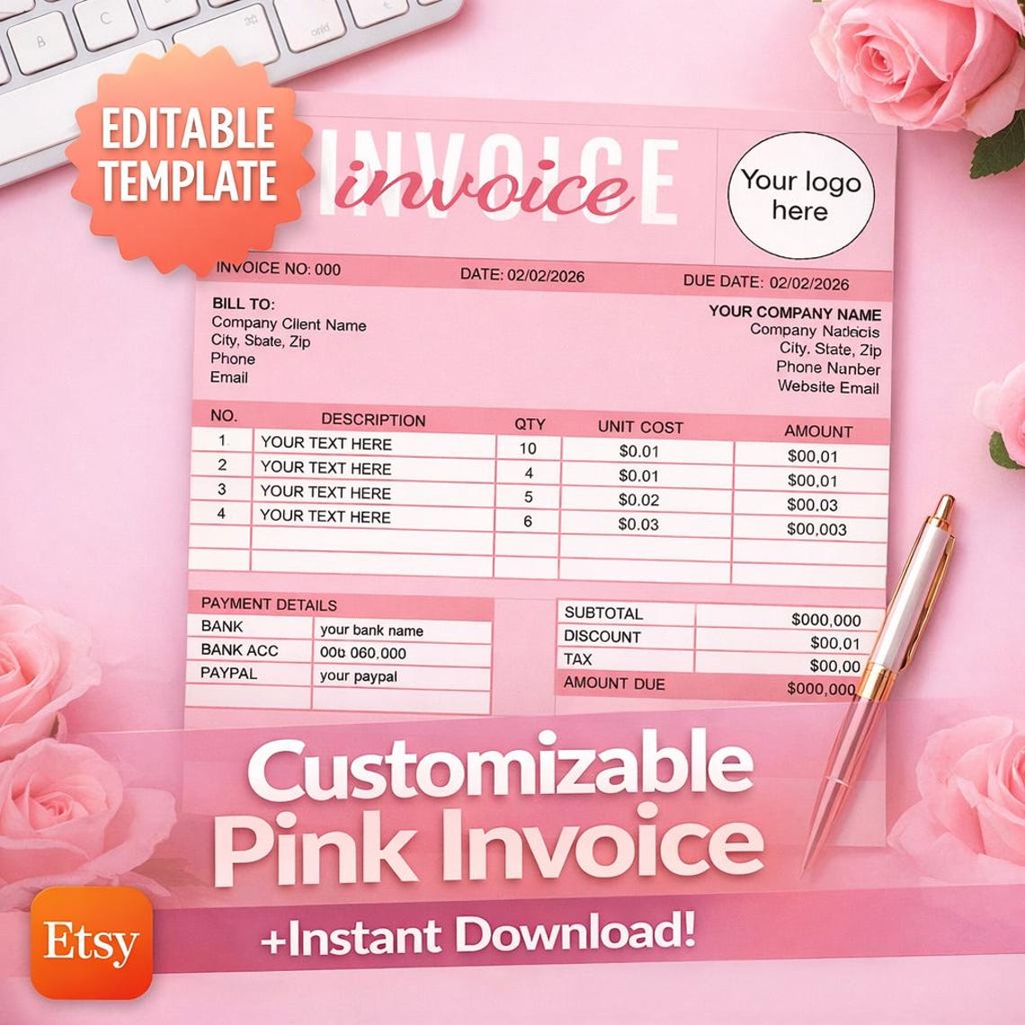 Editable Pink Invoice | Google Sheets Template | Excel Business Invoice ...