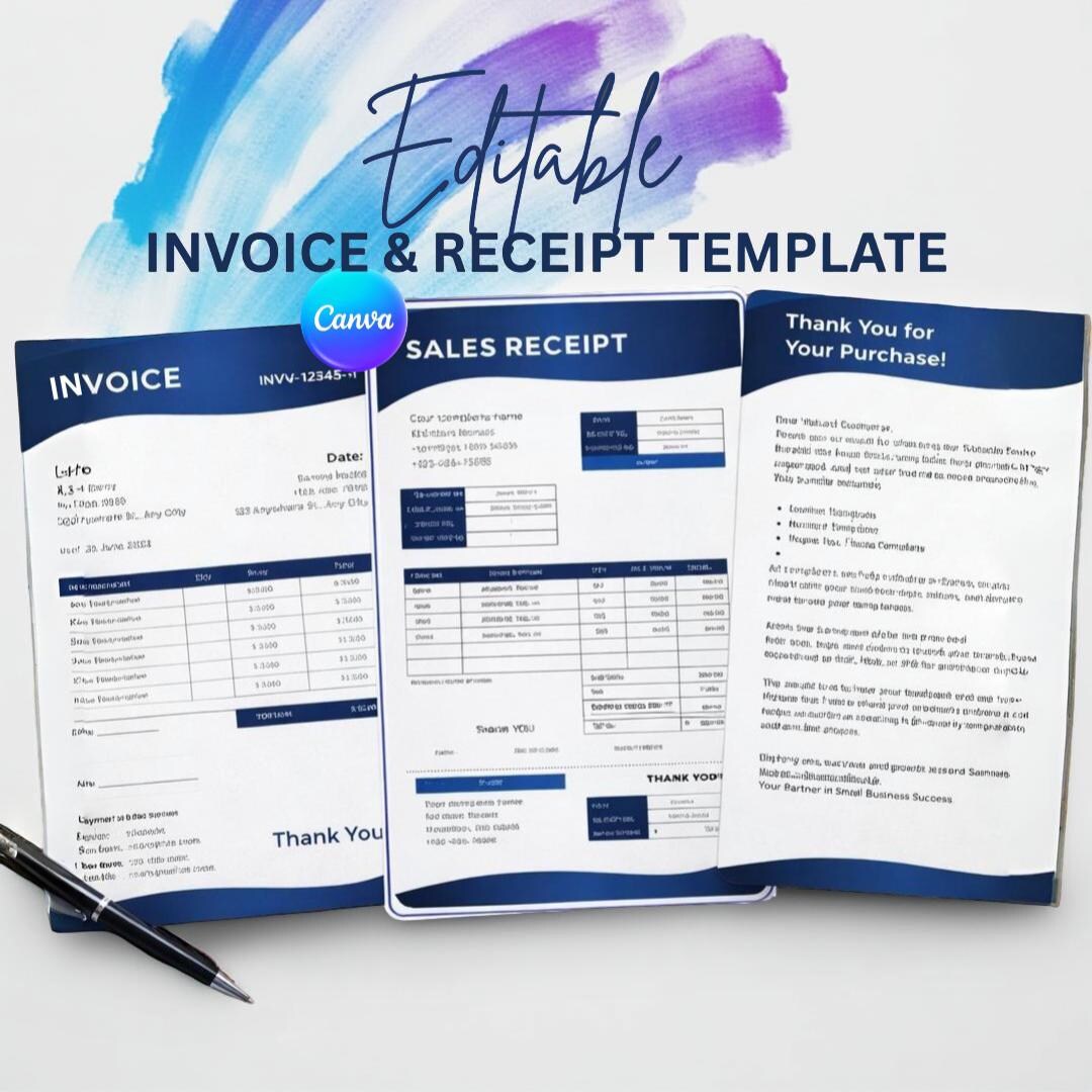 New Editable Invoice, Receipt, Thank You Note Canva Template (digital ...