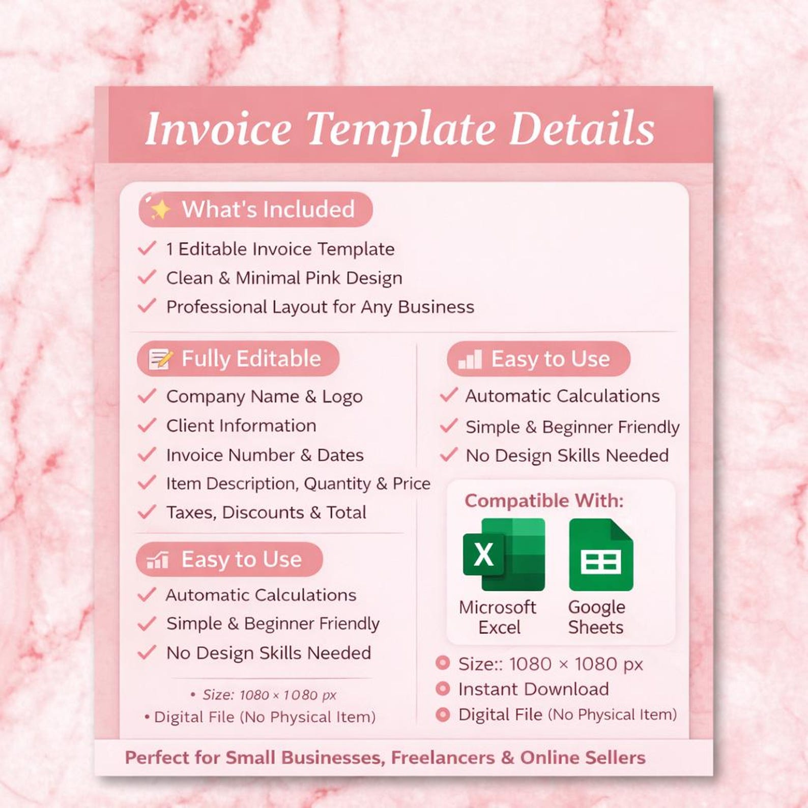 Pink Invoice | Editable Google Sheets Template | Minimal Business ...