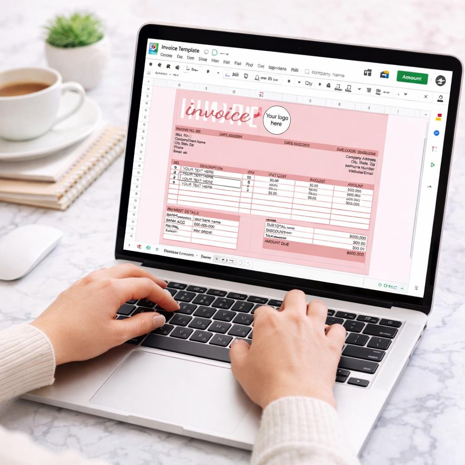 Editable Pink Invoice | Google Sheets Template | Excel Business Invoice ...