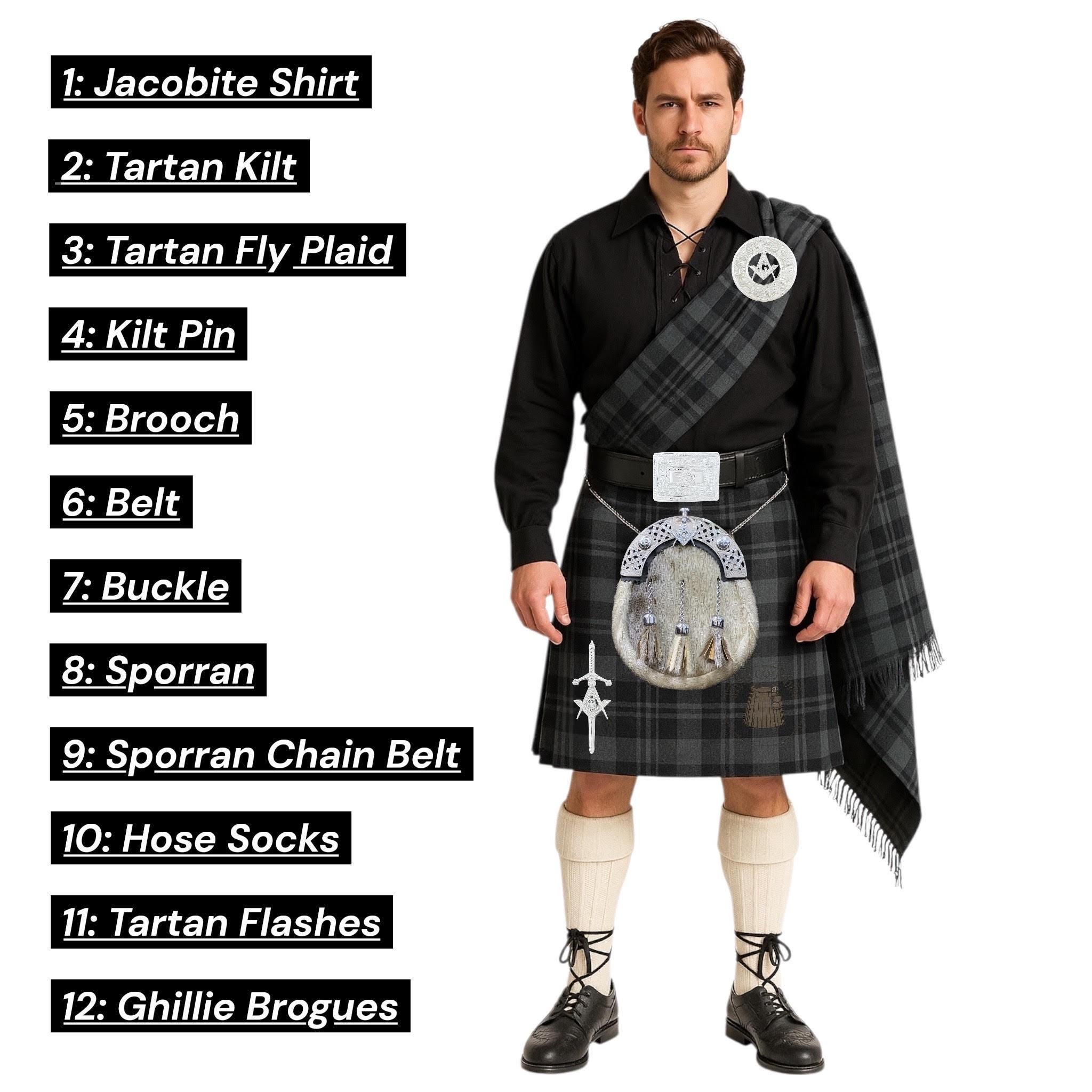 Men's Masonic Kilt Outfit Scottish 12 Pieces Freemason Kilt Outfit ...