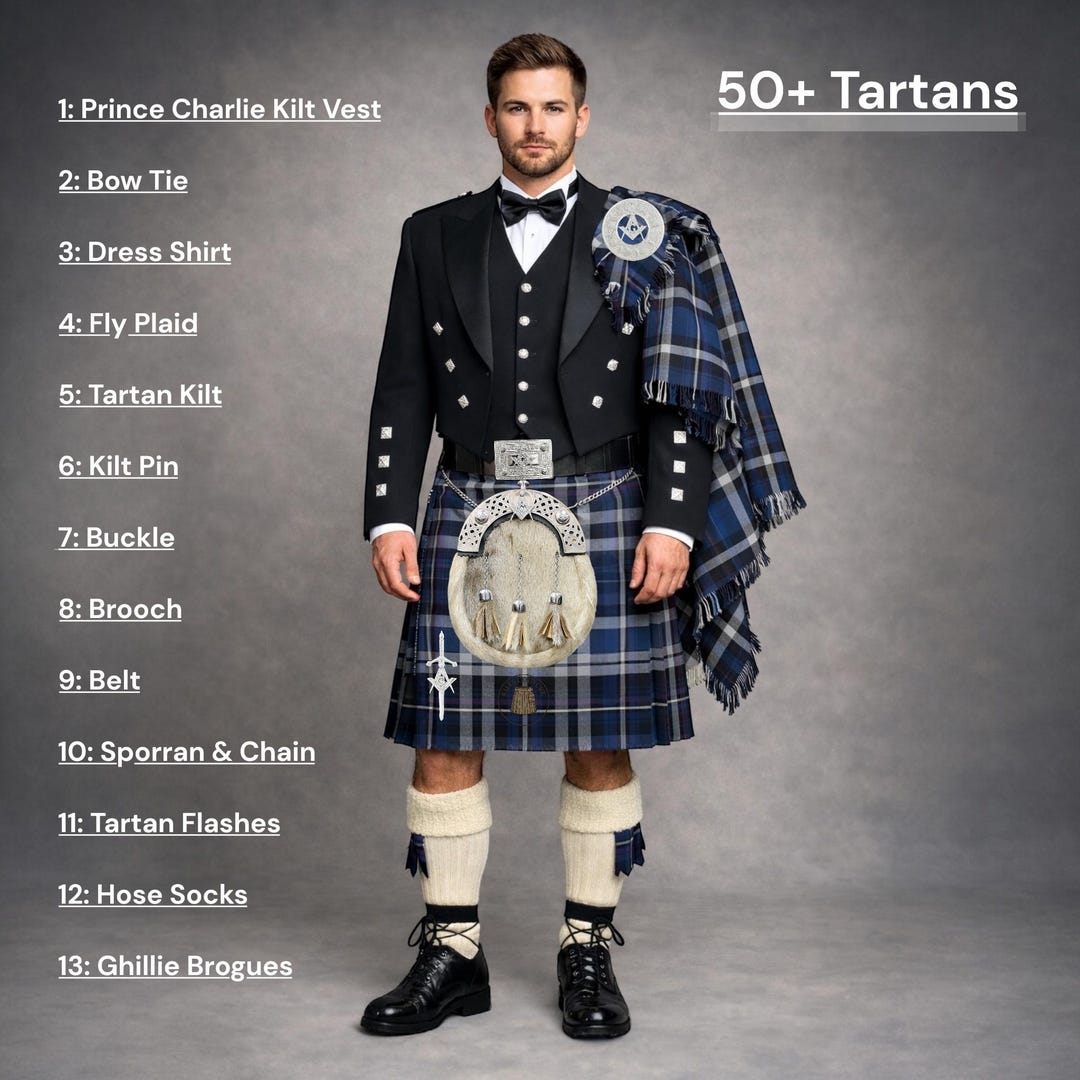 Scottish Men's Prince Charlie Complete Kilt Outfit Freemason Masonic ...