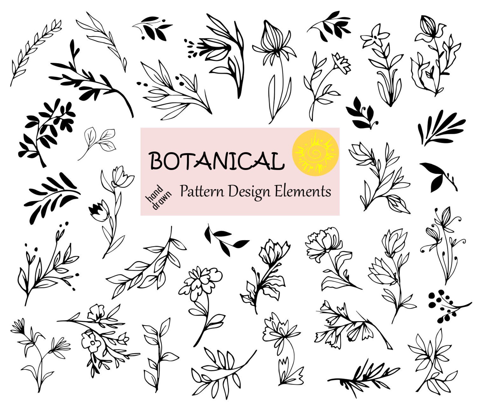 Botanical Pattern Design Elements. Hand Drawn Flowers Plants - Etsy
