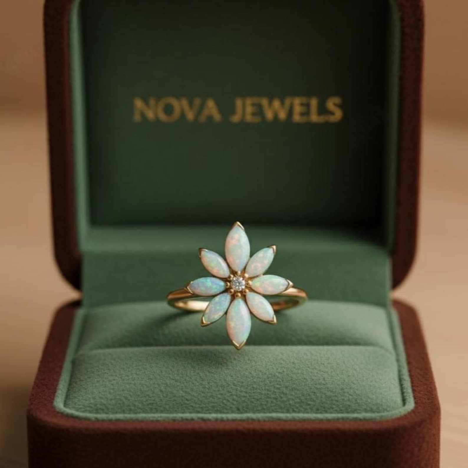 Marquise Cut Opal & Moissanite Flower Ring, Fire Opal Engagement Ring ...