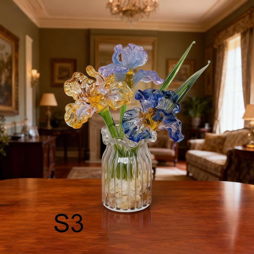 Handblown Glass Iris Flower Vase Set, Home Decor Centerpiece - Etsy
