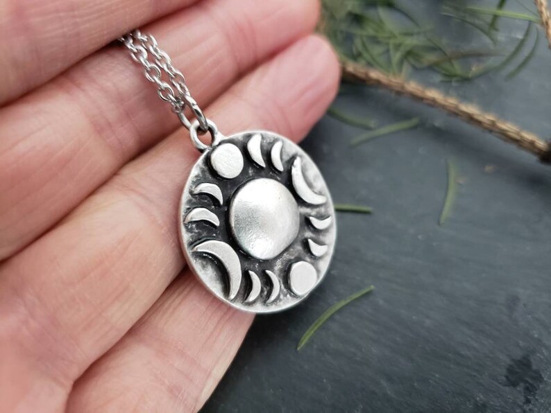 Moon Phase Disc Necklace Rustic Dark Antique Silver Unique - Etsy