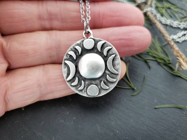 Moon Phase Disc Necklace Rustic Dark Antique Silver Unique - Etsy