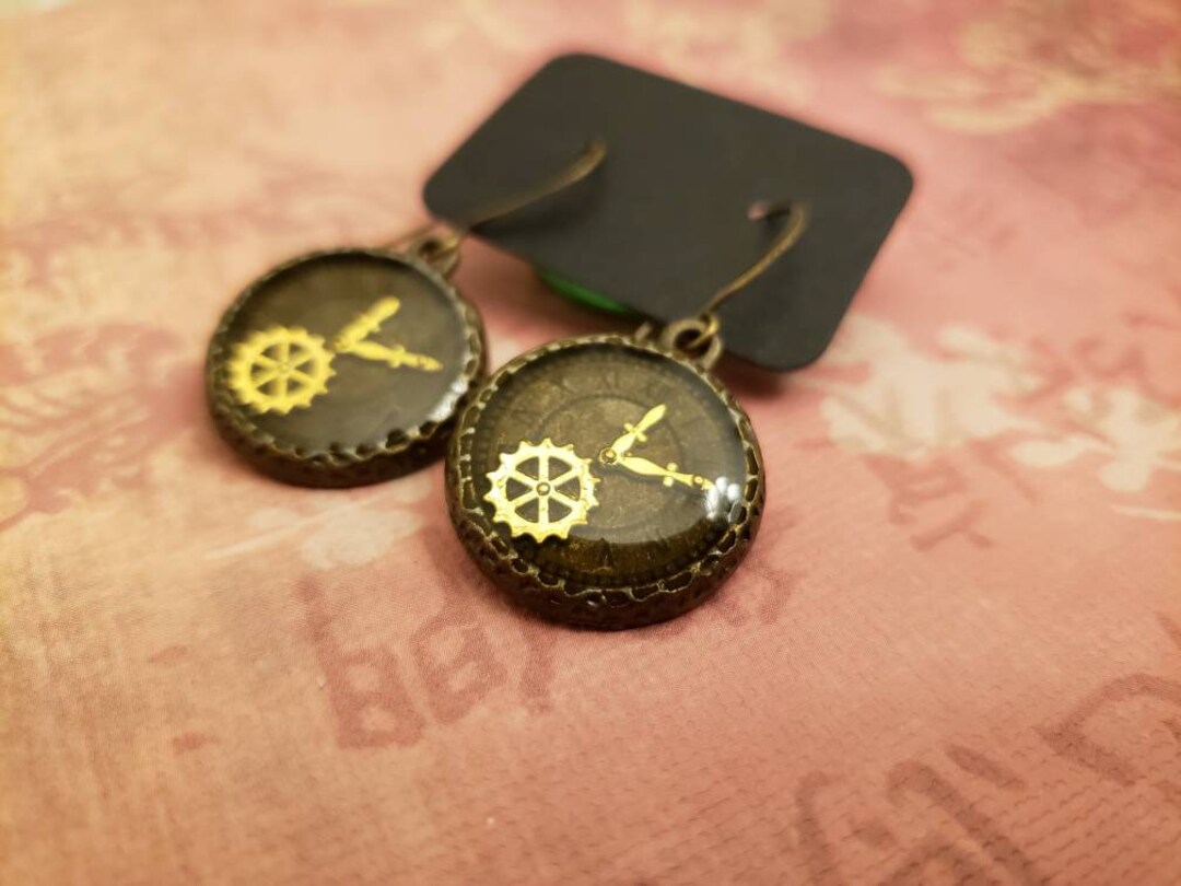 Antique Bronze Clock Face Earrings, Pocket Watch Earrings, Steampunk ...
