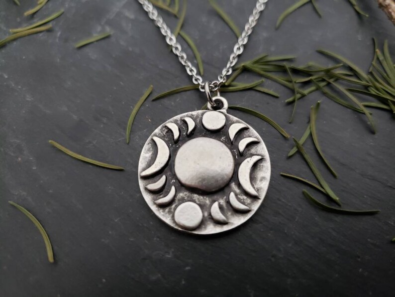 Moon Phase Disc Necklace, Rustic Dark Antique Silver, Unique Moon ...