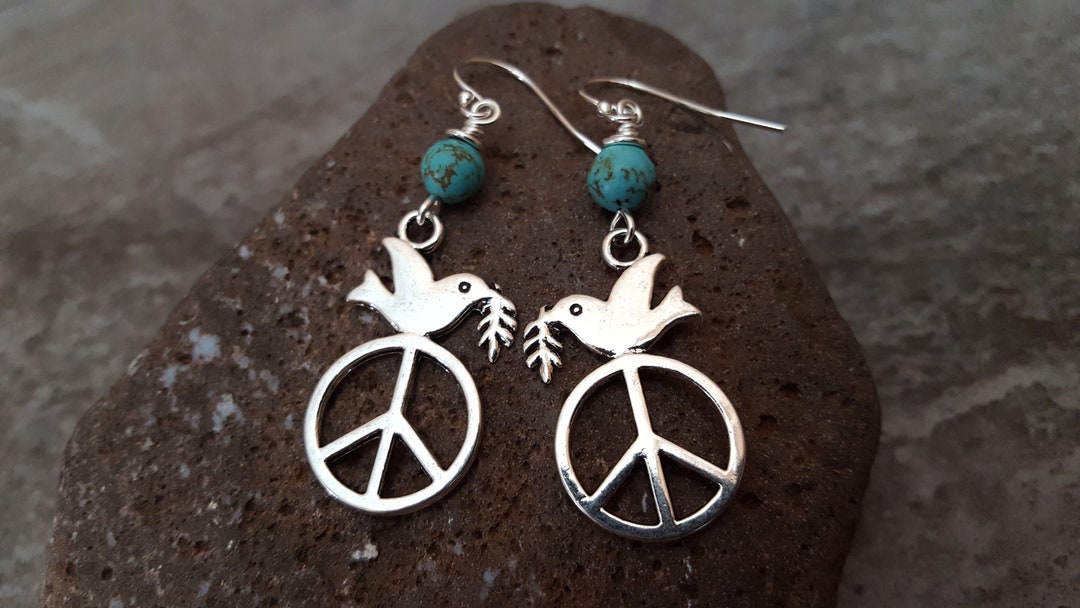 Peace Dove Earrings, Blue Turquoise, Peace Sign Silver Earrings, Peace ...