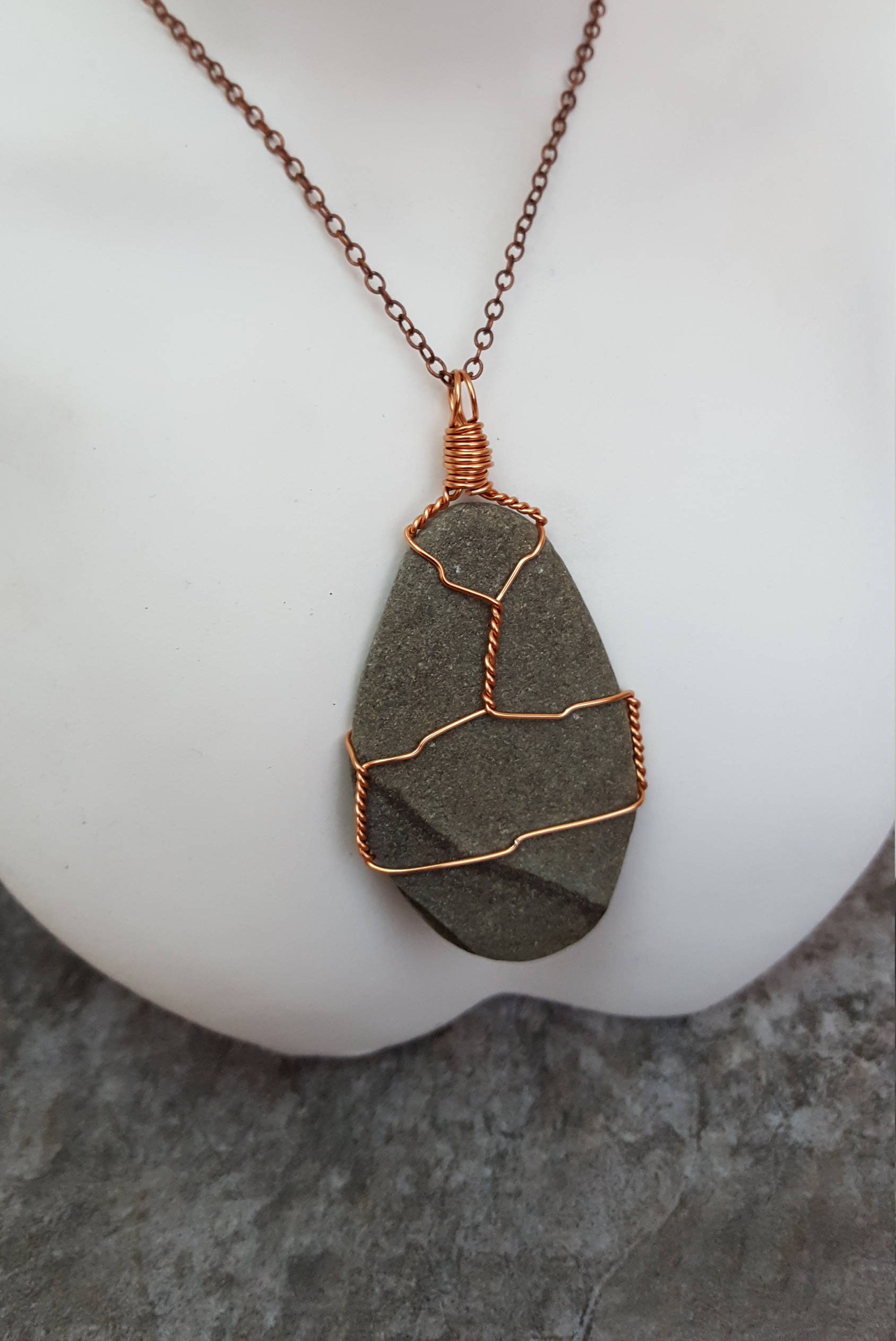Beach Rock Necklace, Copper Wire Wrapped Natural Freeform Stone Pendant ...