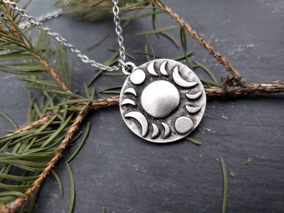 Moon Phase Disc Necklace, Rustic Dark Antique Silver, Unique Moon ...