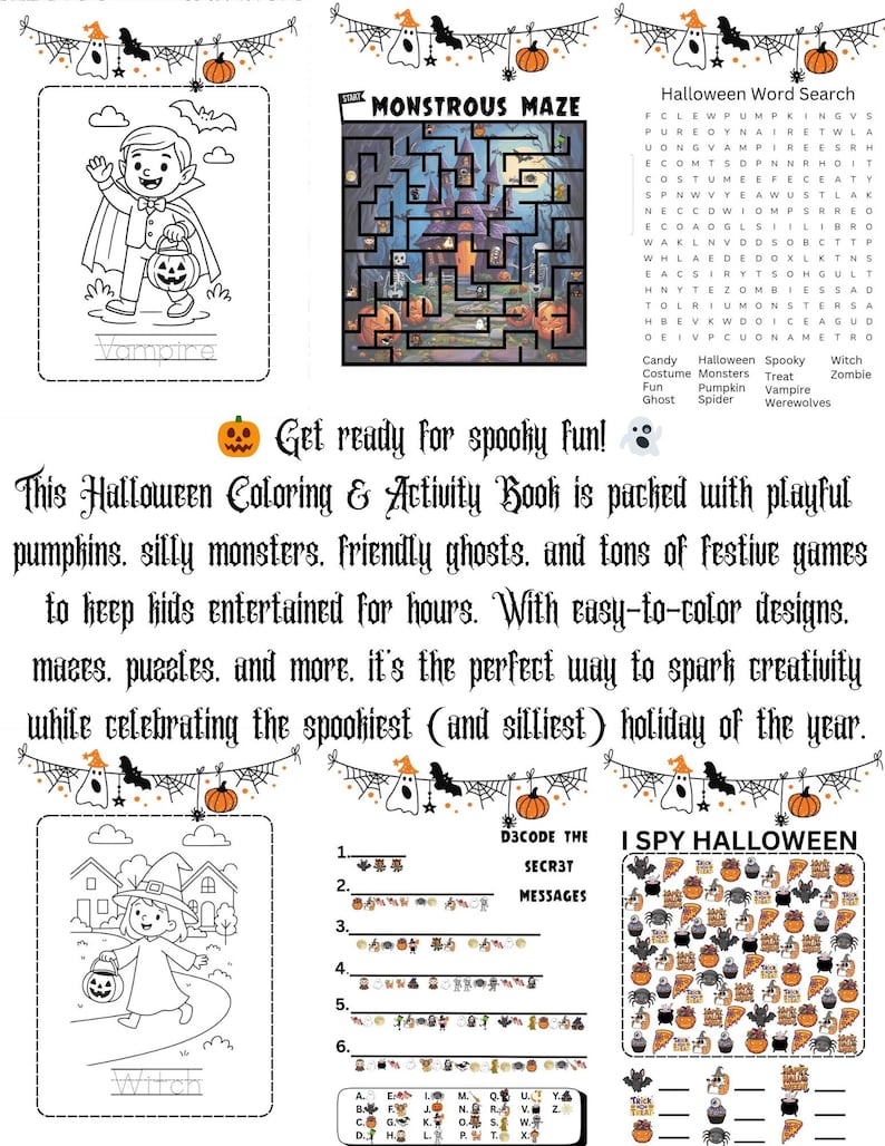 Halloween Coloring & Activity Book: Spooky Mazes, Puzzles (ages 4-10 ...