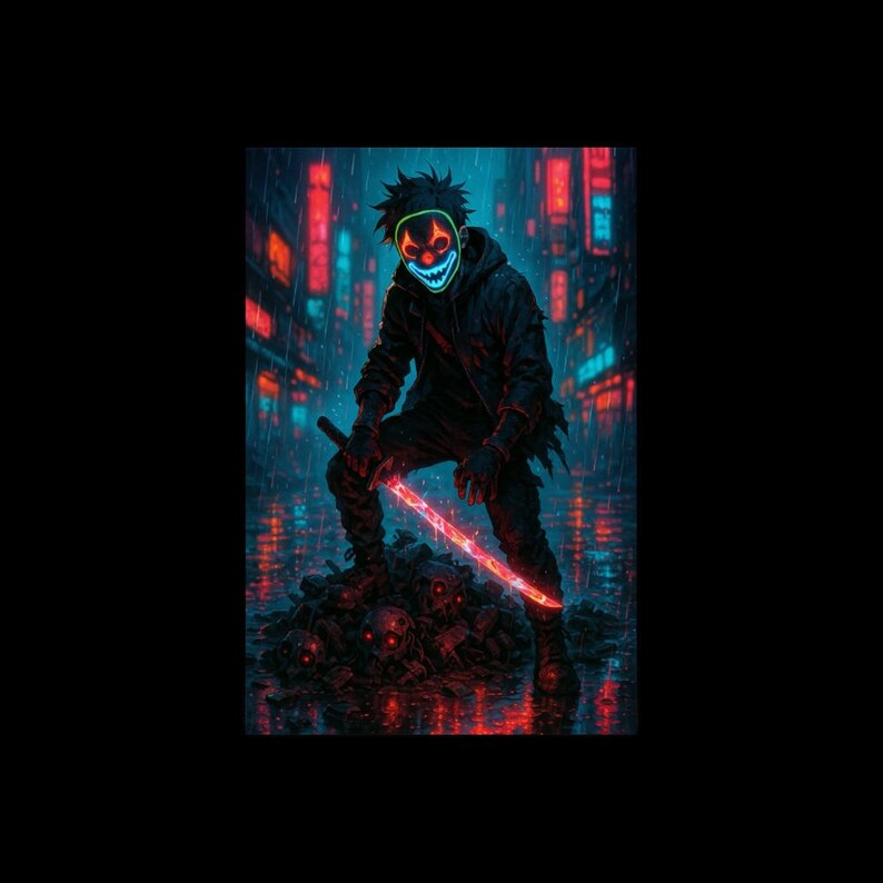 Cyberpunk Clown Samurai Poster – Neon Mask Warrior With Katana | Dark ...