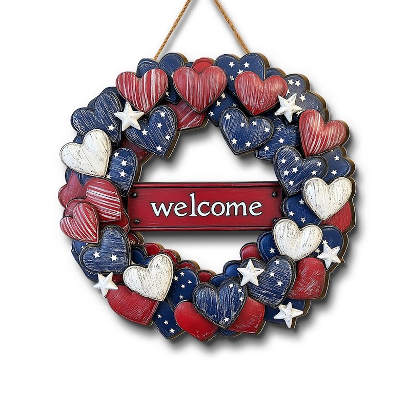 Red White Blue Heart Wreath Sign | Patriotic Welcome Door Hanger | 4th ...