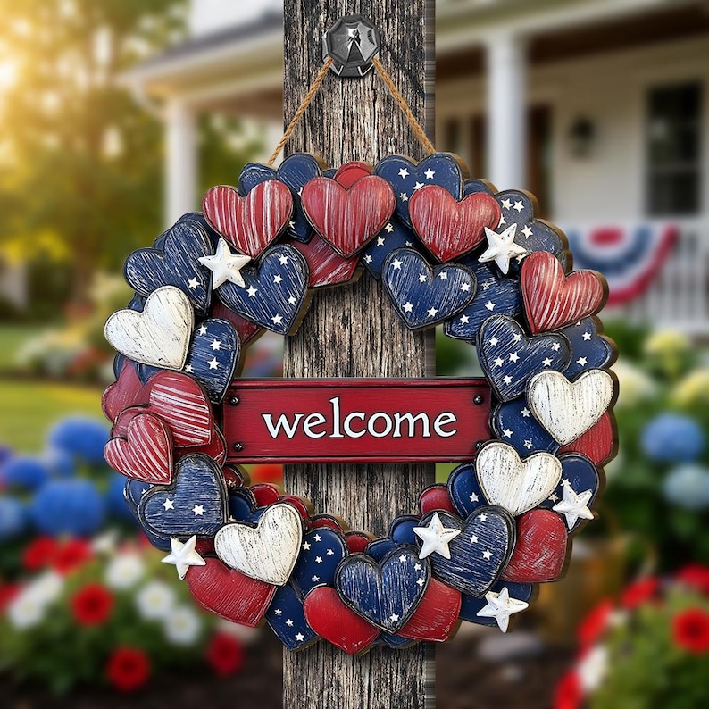 Red White Blue Heart Wreath Sign | Patriotic Welcome Door Hanger | 4th ...