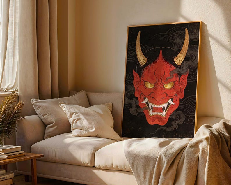 Oni Mask Poster Japanese Demon Wall Art, Hannya Dark Ukiyo-e Print ...