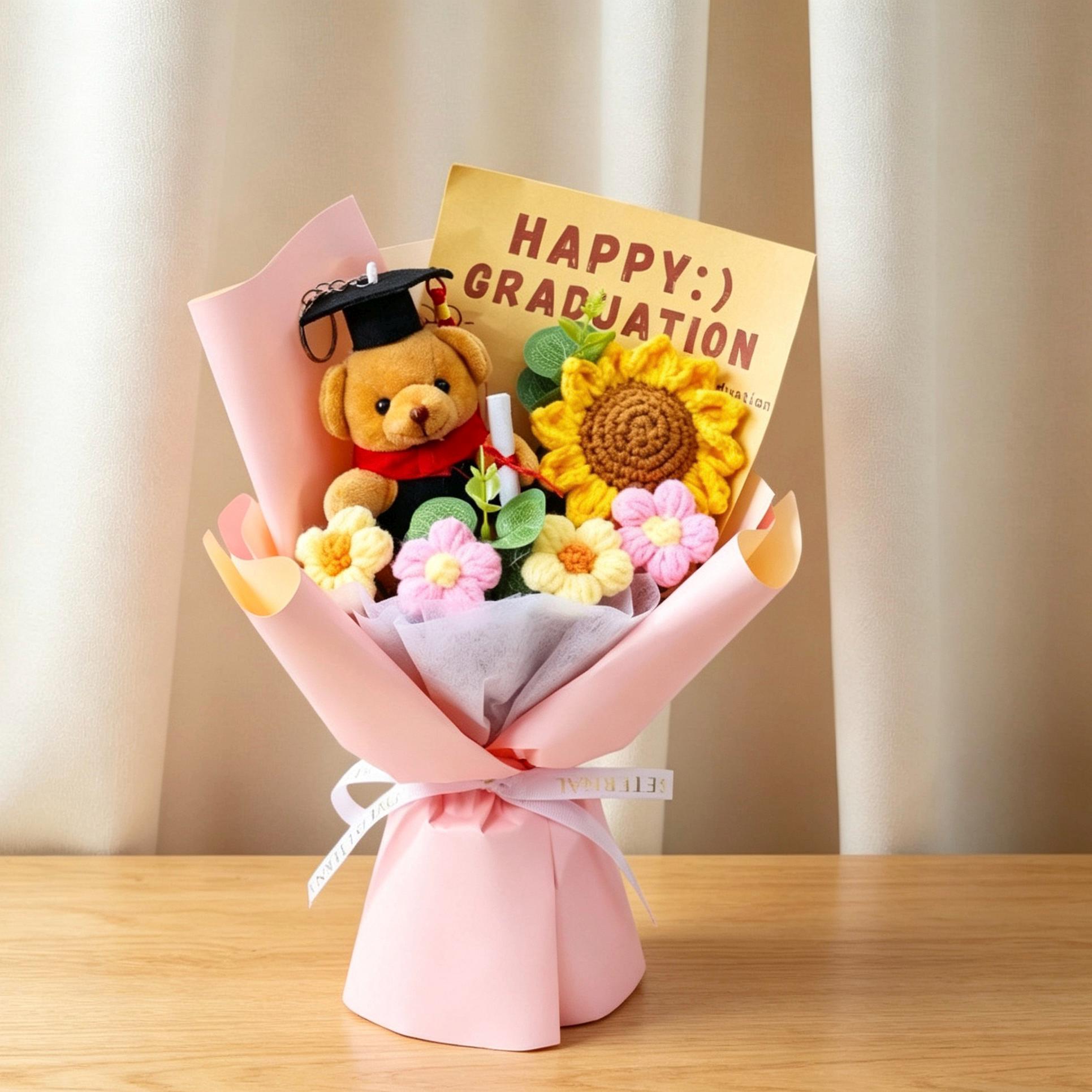 Graduation Crochet Flower Bouquet, Handmade Knitted Sunflower ...