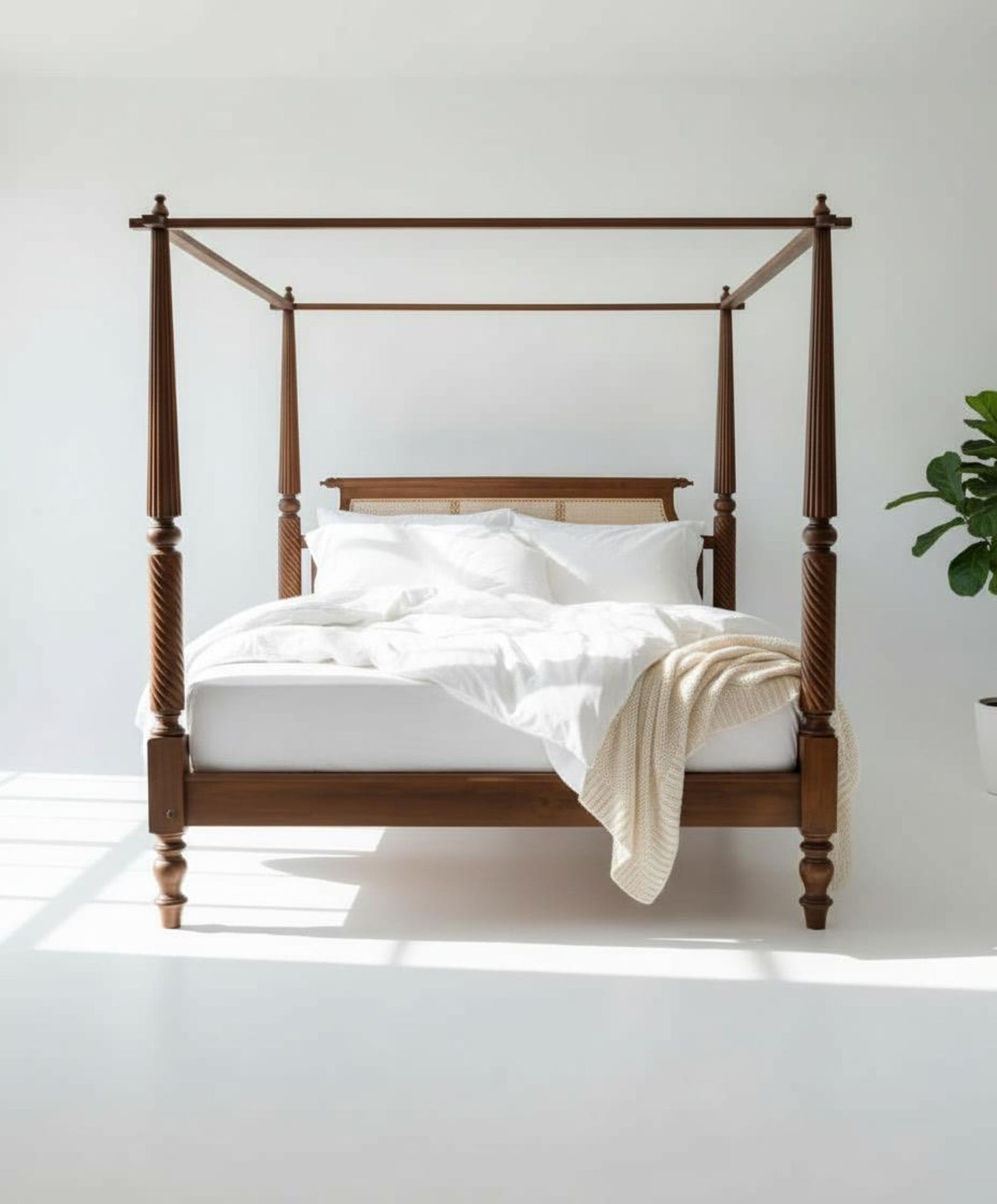 Classic Wooden Canopy Bed With Woven Cane Headboard & Royal Spindle ...