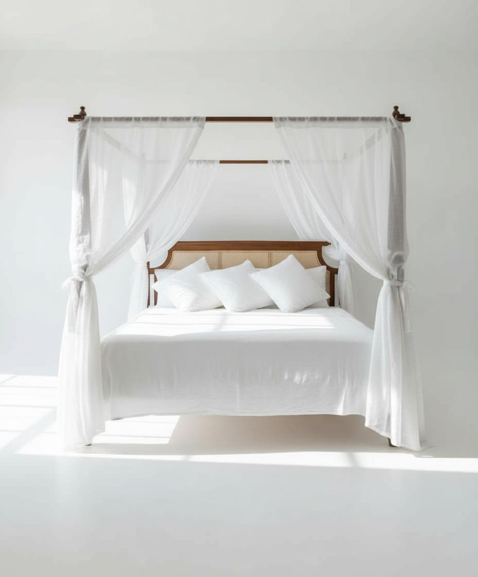 Classic Wooden Canopy Bed With Woven Cane Headboard & Royal Spindle ...