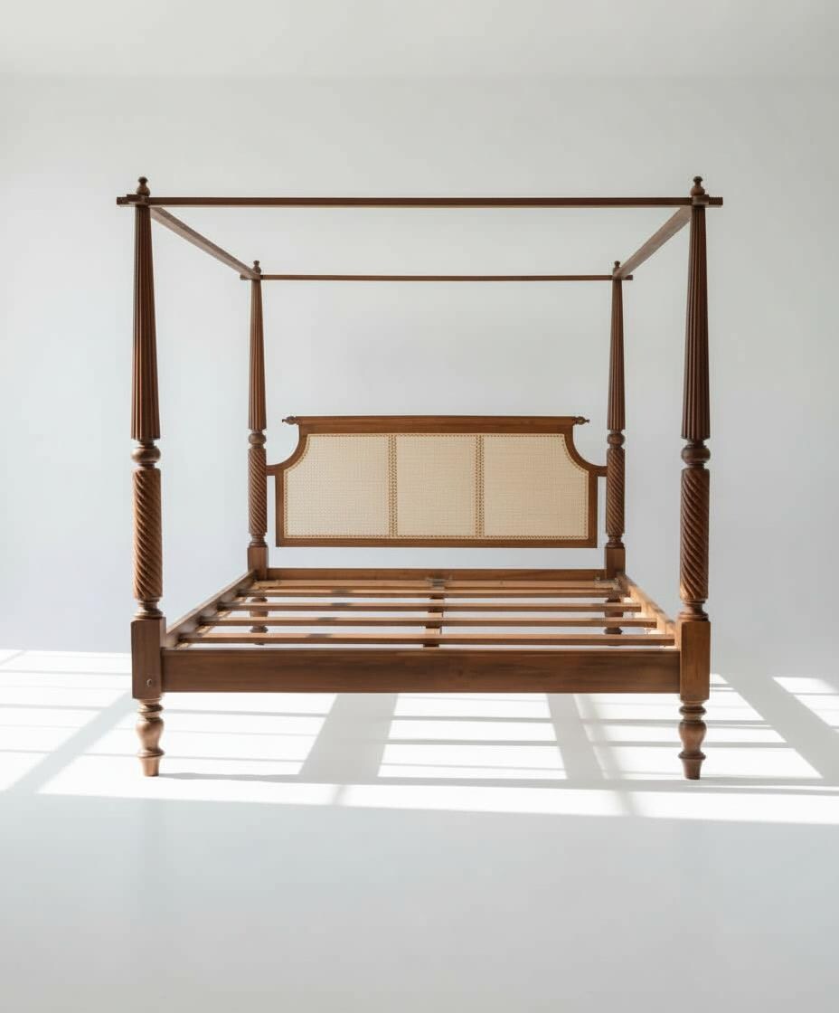 Classic Wooden Canopy Bed With Woven Cane Headboard & Royal Spindle ...