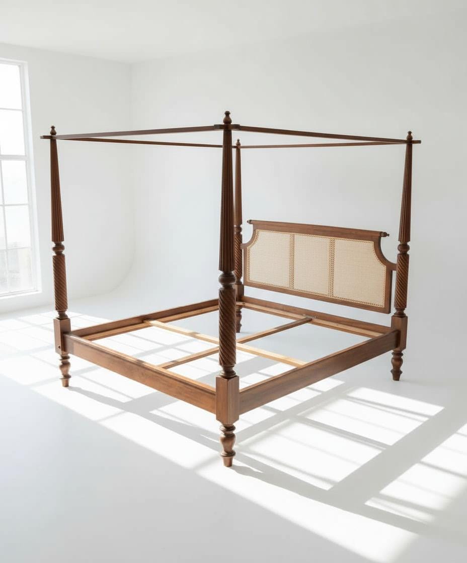 Classic Wooden Canopy Bed With Woven Cane Headboard & Royal Spindle ...