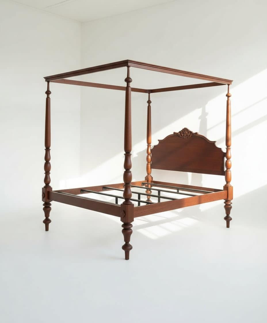 Traditional Wooden Canopy Bed With Decorative Carved Headboard and ...