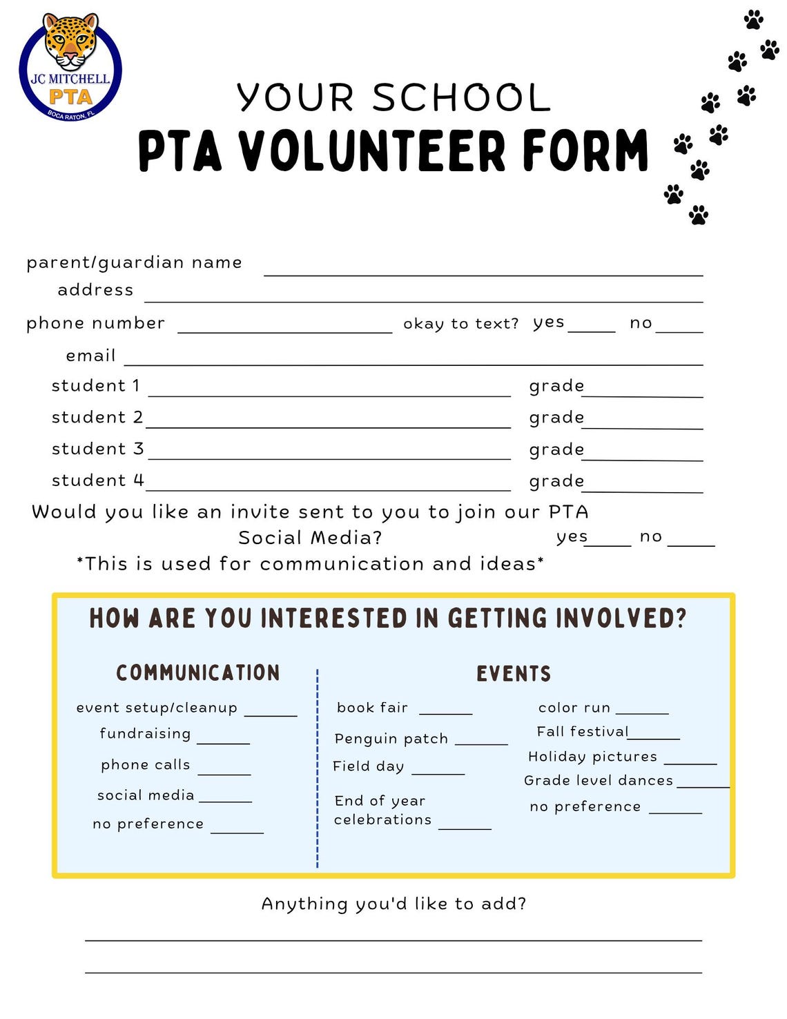 Customizable Canva PTO PTA Volunteer Form Flyer Template Digital ...